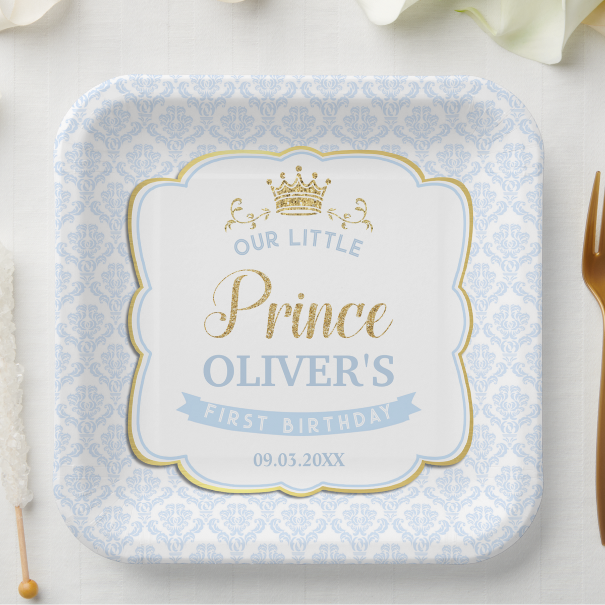 Little Prince Blue Damask Gold Crown 1st Birthday Paper Plates ...