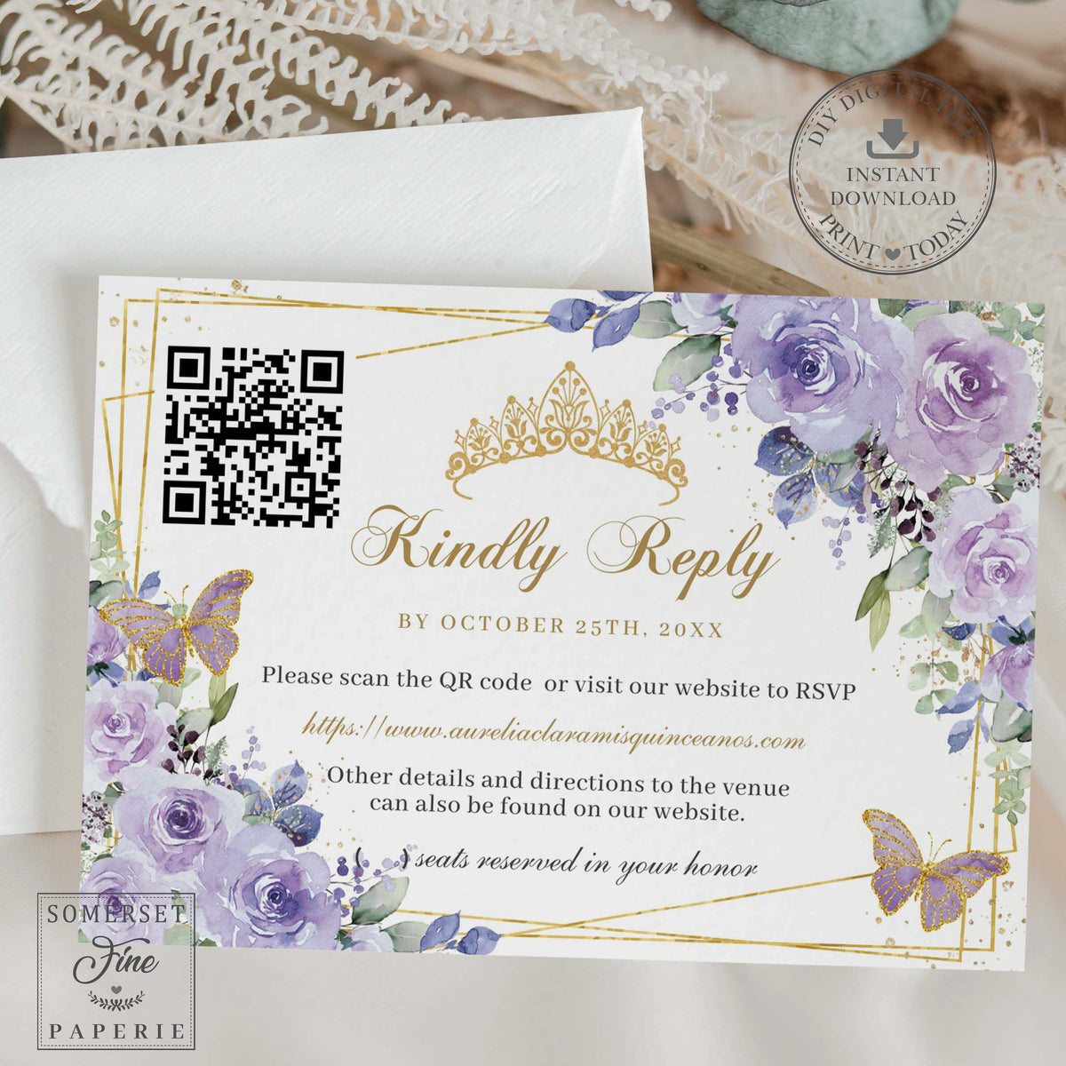Purple Lilac Floral Gold Quinceañera RSVP Card QR Code Printable EDITA ...