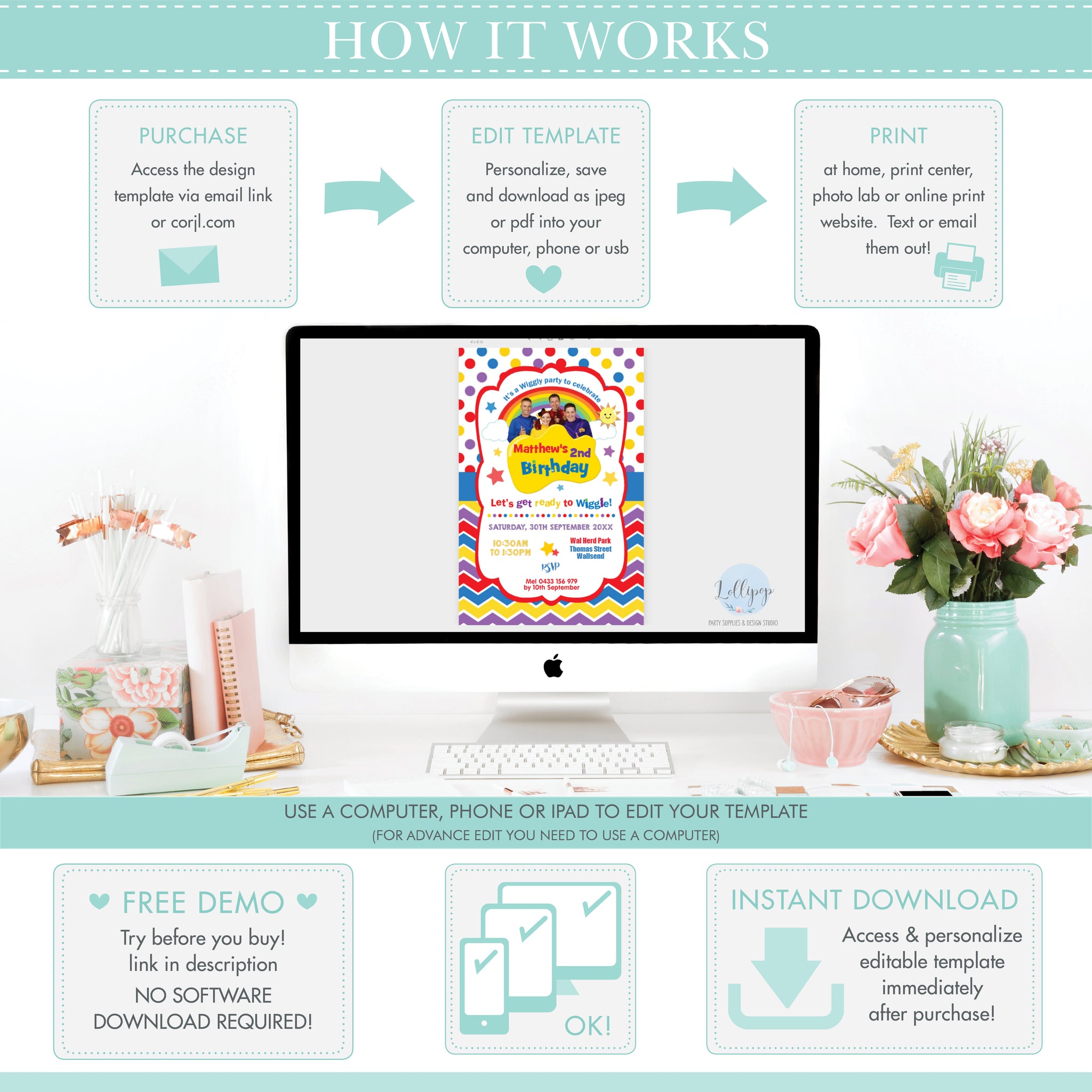 The Wiggles Vibrant Blue Invitation Editable Template - Digital Printa ...