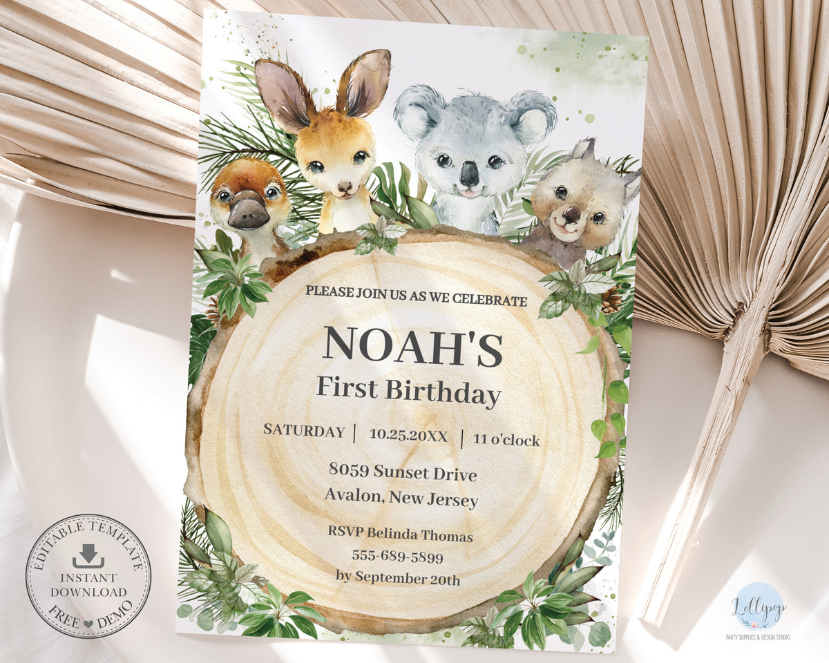 Australian Animals Rustic Wood Slice Greenery Birthday Invitation EDIT ...