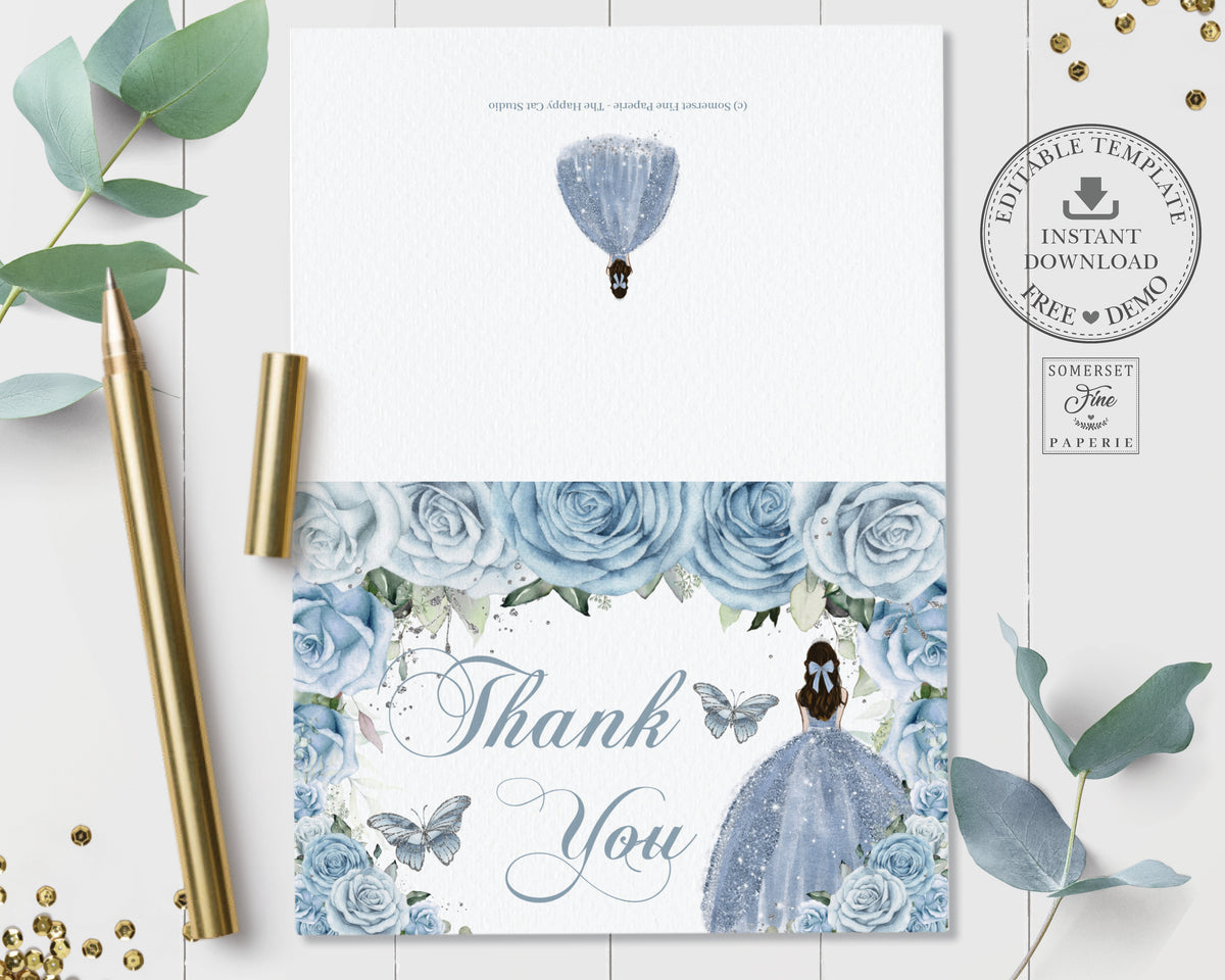 Chic Baby Blue Roses Floral Folded Thank You Card EDITABLE TEMPLATE Qu ...