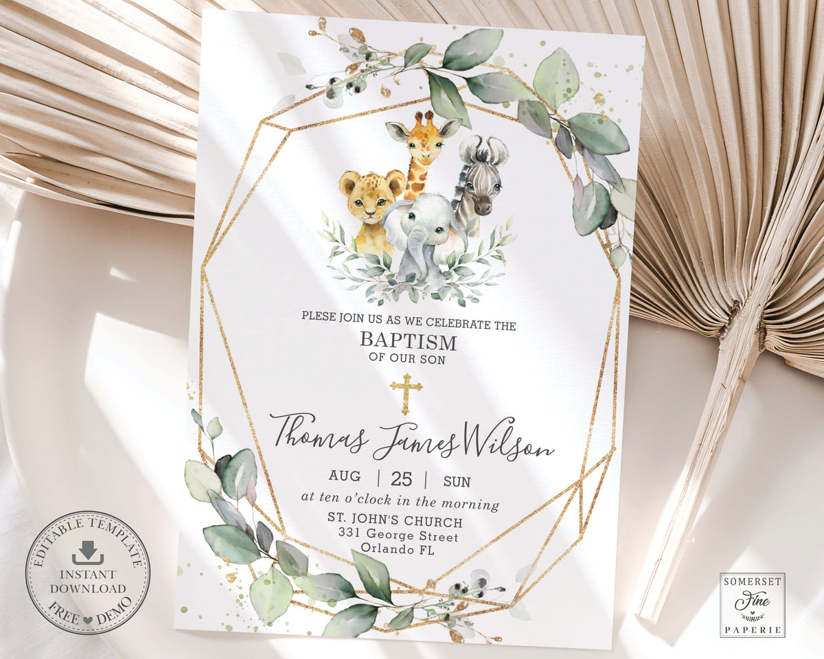 Rustic Greenery Jungle Animals Geometric Baptism Christening Invitatio ...